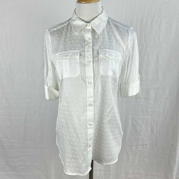 Studio Works | Tops | Nwt White Cotton Adjustable Sleeve Button Down ...